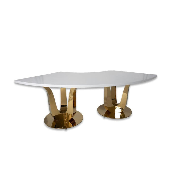 8′ Serpentine White Lacquer Table w/ Gold Stand